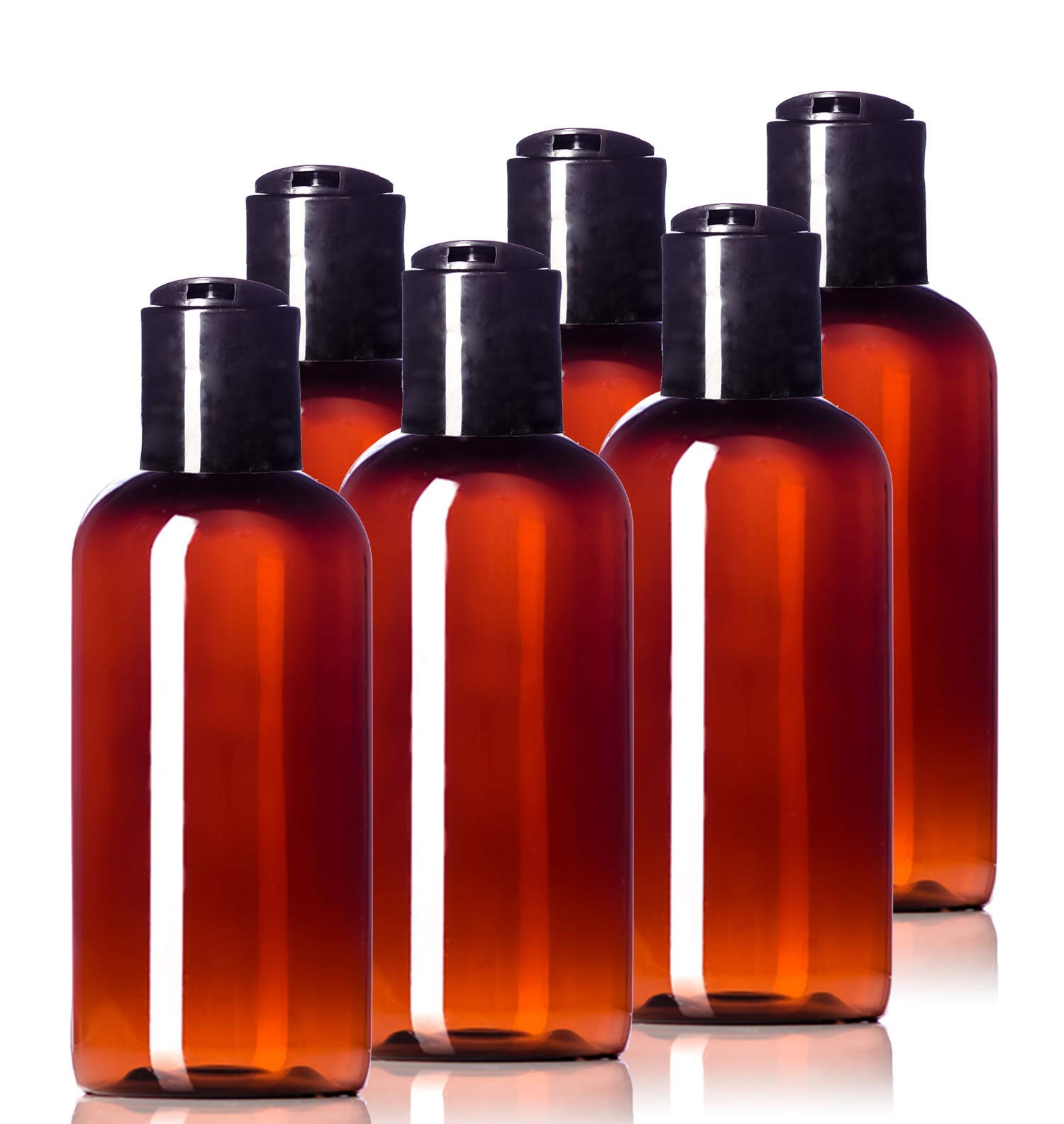 4oz Plastic Amber Bottles (6 Pack) BPA-Free Squeeze Containers with Disc Cap, Labels Included