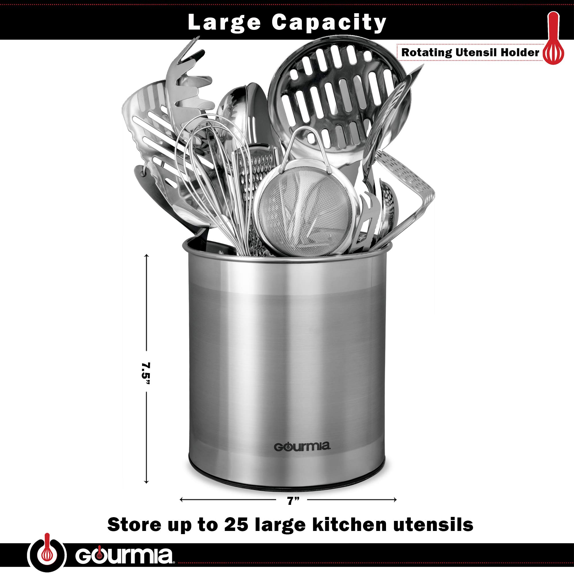 Gourmia GCH9345 Rotating Kitchen Utensil Holder – Spinning Stainless Steel Organizer to Store Cooking and Serving Tools - Dishwasher Safe, Non Slip Bottom – Use as Caddy or Pencil Cup