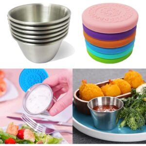 ZHAO 6 Pack 2.4oz Small Condiment Containers with Silicone Lids, Small Salad Dressing Container To Go, Stainless Steel Sauce Container, Leakproof, Reusable, Dipping Sauce Cups with Lids