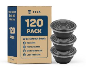 tiya takeout food containers - 50 oz bulk 120 pack with lids - plastic bowl storage to-go containers - reusable microwavable dishwasher safe restaurant set - leak resistant for soups & meal prep