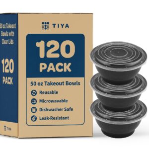 TIYA Takeout Food Containers - 50 oz Bulk 120 Pack with Lids - Plastic Bowl Storage To-Go Containers - Reusable Microwavable Dishwasher Safe Restaurant Set - Leak Resistant for Soups & Meal Prep