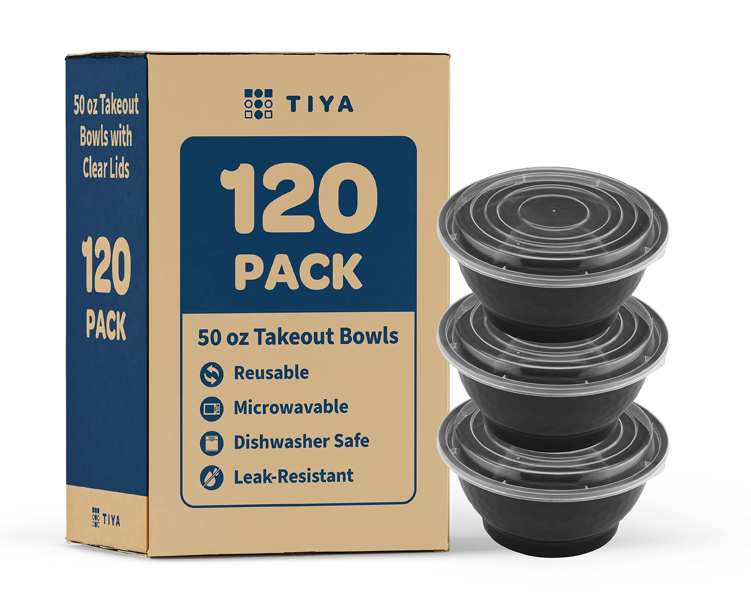 TIYA Takeout Food Containers - 50 oz Bulk 120 Pack with Lids - Plastic Bowl Storage To-Go Containers - Reusable Microwavable Dishwasher Safe Restaurant Set - Leak Resistant for Soups & Meal Prep