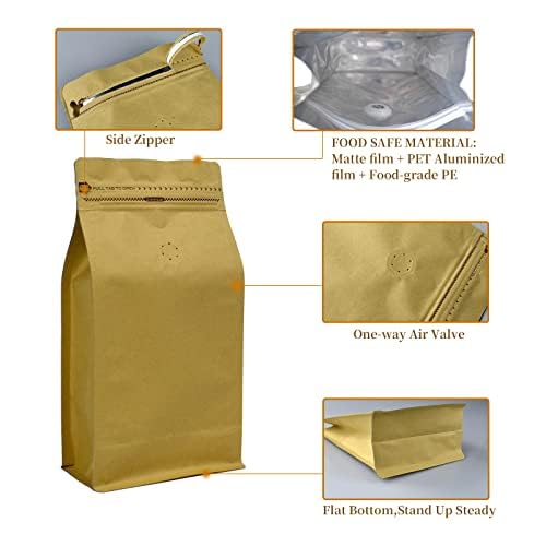 50 Pcs Coffee Bags with Valve, Stand up Coffee Pouches, Flat Bottom Coffee Bags for Home or Store (Kraft,1LB)