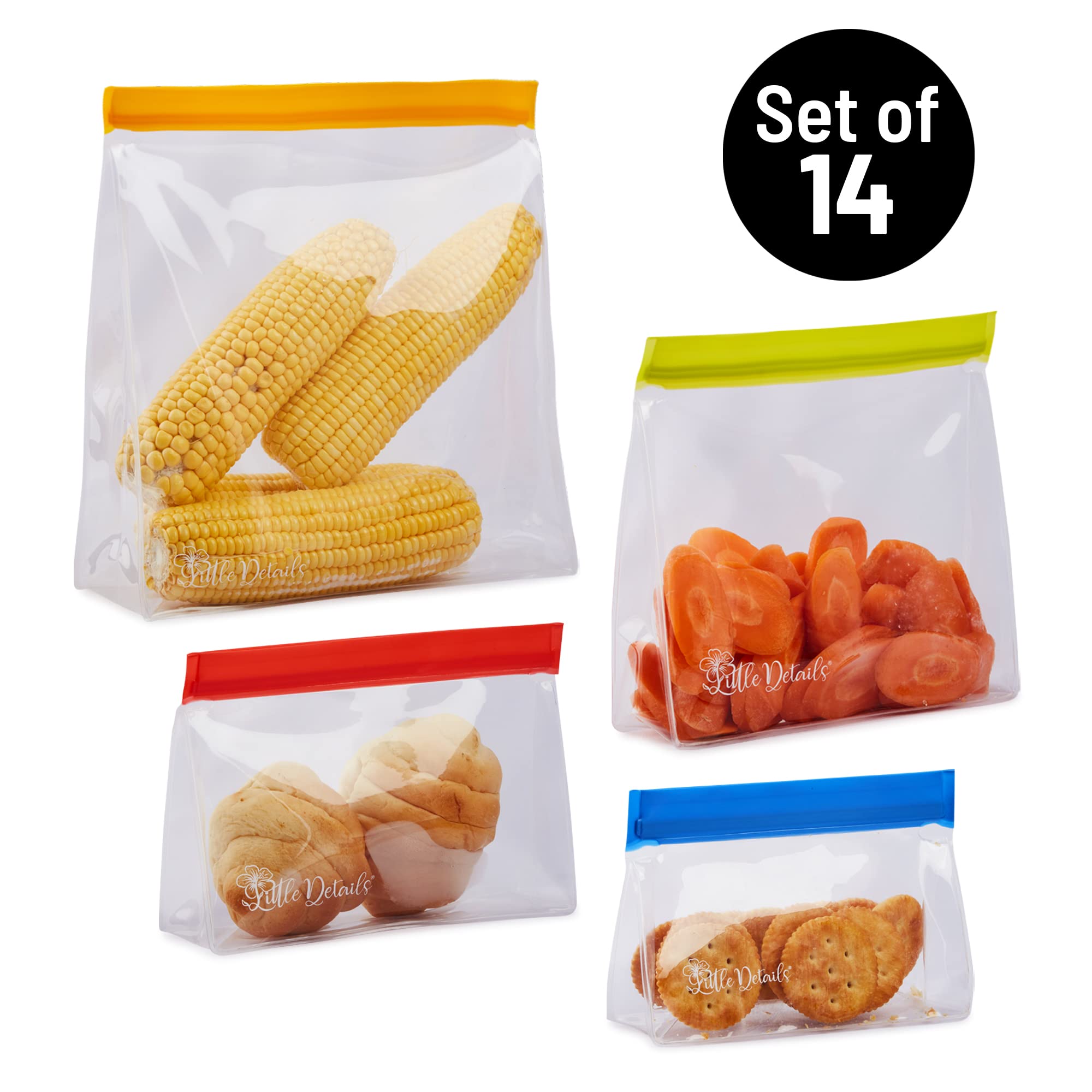 Airtight Reusable Food Storage Bags 14 Pack Clear StandUp BPAFree Reusable Ziplock Bags with a Leakproof Double Zipper Includes Gallon, Sandwich, Snack, and Quart Sizes Set of 14 Storage