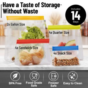 Airtight Reusable Food Storage Bags 14 Pack Clear StandUp BPAFree Reusable Ziplock Bags with a Leakproof Double Zipper Includes Gallon, Sandwich, Snack, and Quart Sizes Set of 14 Storage