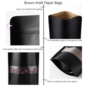 PQZKLDP 100pcs Black Kraft Paper Stand Up Pouches, Ziplock Stand Up Food Storage Bags with Matte Window, Reusable, Heat-Sealable for Packaging in Home , Office , Outdoors (Mixed Size)