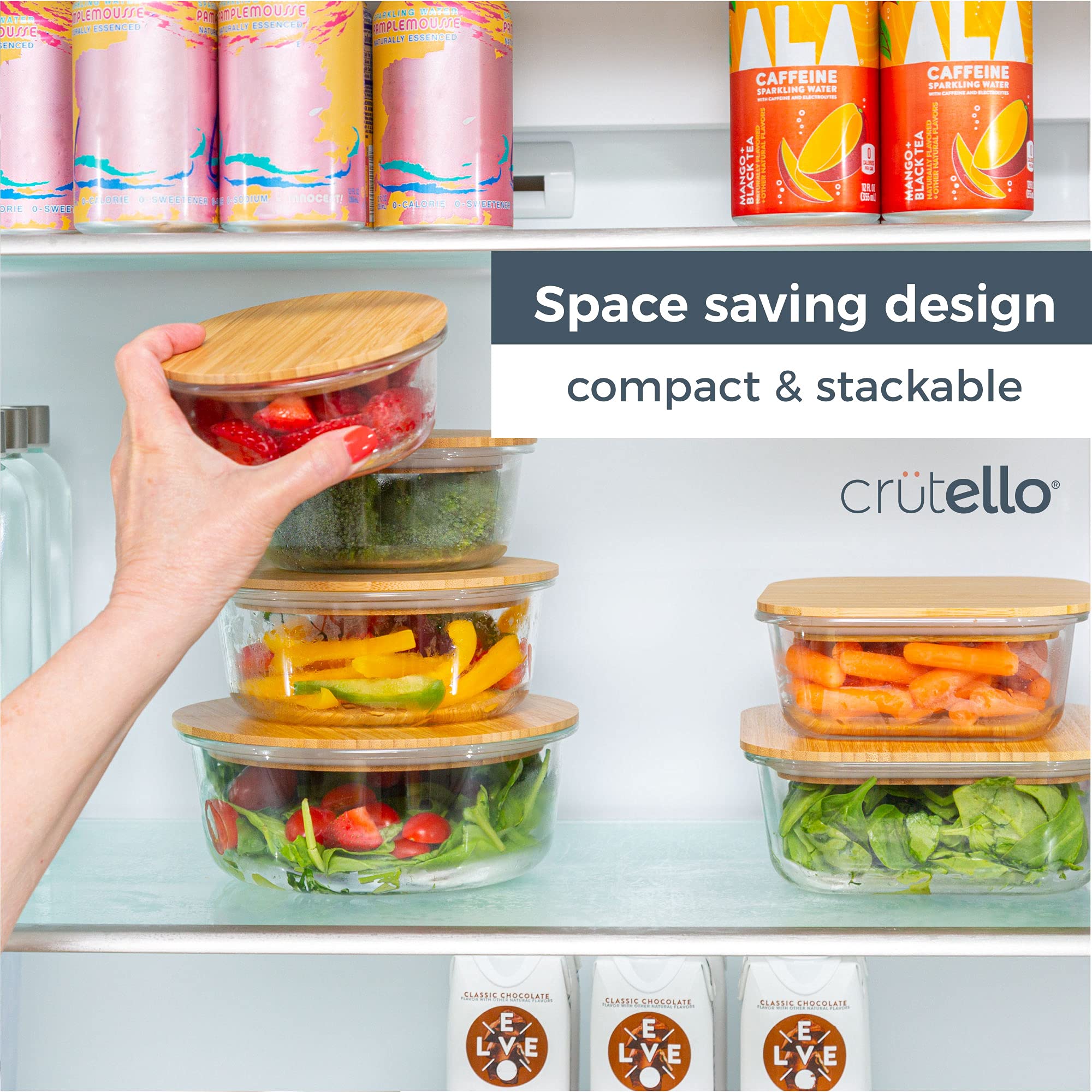 Crutello Glass Meal Prep Containers with Bamboo Lids, 2 Pack - Airtight Clear Food Storage Canisters for Kitchen Organization - A Family-Owned American Brand