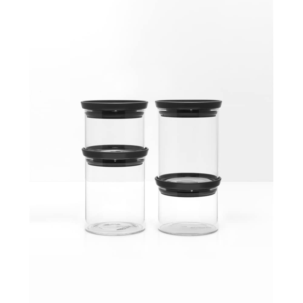 Brabantia 4pc Stackable Glass Food Jars (Dark Gray) 2x 0.07 & 2x 0.13 Gal Heat-Safe, Dishwasher-Safe, Air-Tight Pantry Organizers