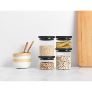 Brabantia 4pc Stackable Glass Food Jars (Dark Gray) 2x 0.07 & 2x 0.13 Gal Heat-Safe, Dishwasher-Safe, Air-Tight Pantry Organizers