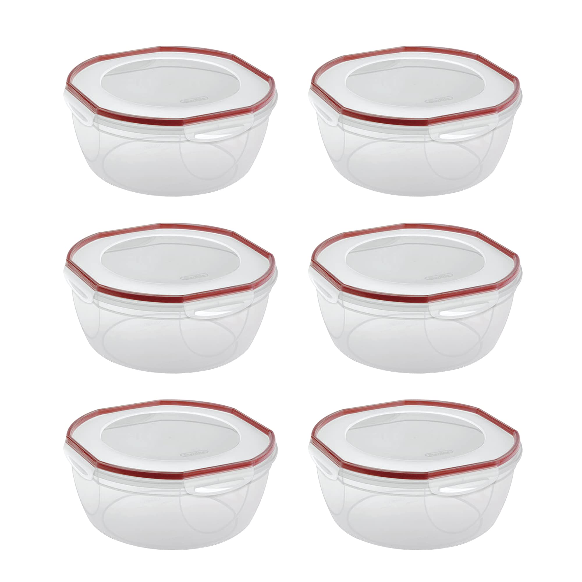 Sterilite Ultra-Seal 8.1 Qt Bowl, Large Airtight Food Storage Container, Latching Lid, Microwave and Dishwasher Safe, Clear With Red Gasket, 6-Pack