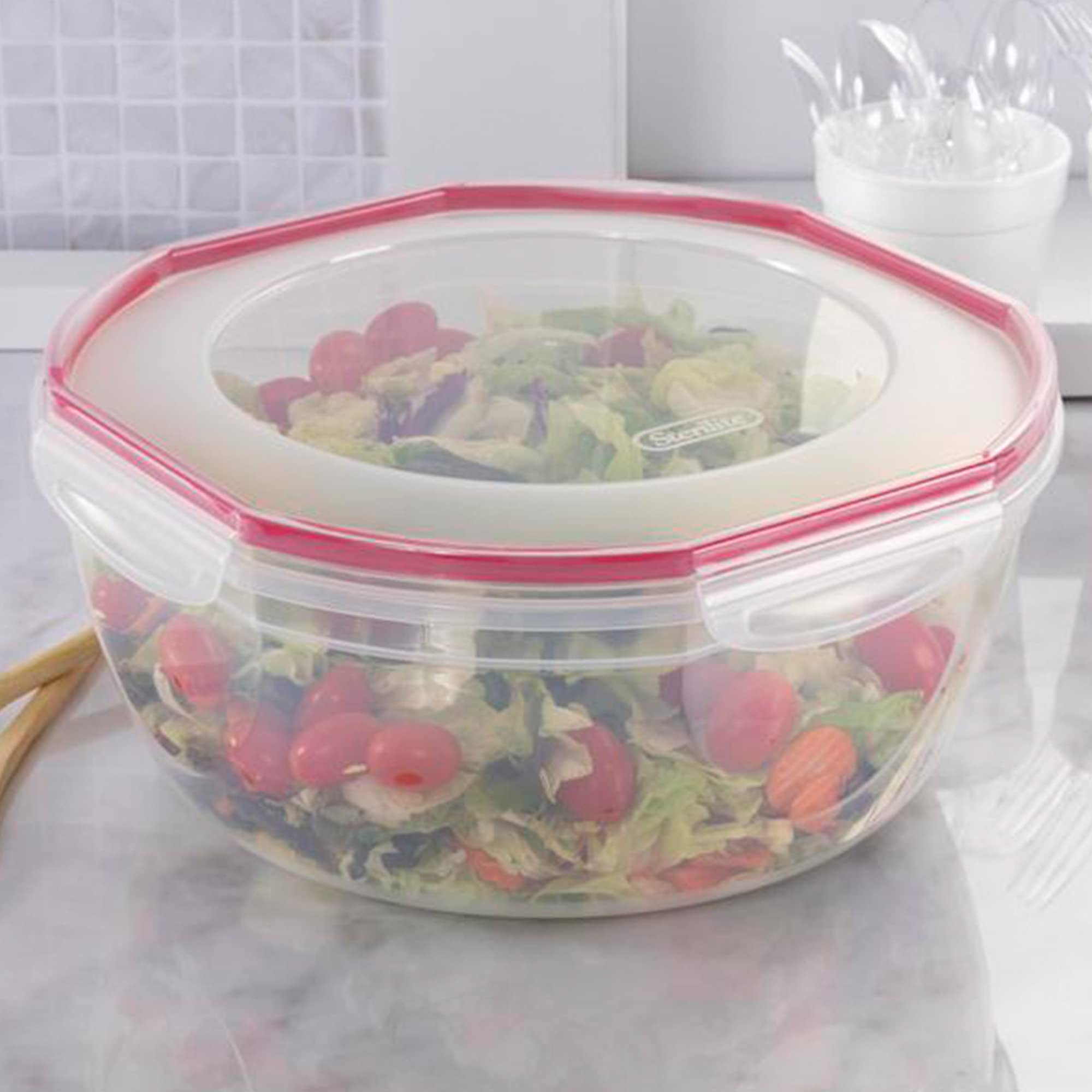 Sterilite Ultra-Seal 8.1 Qt Bowl, Large Airtight Food Storage Container, Latching Lid, Microwave and Dishwasher Safe, Clear With Red Gasket, 6-Pack