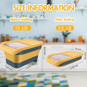 Collapsible 13LB Dog Food Storage Container with Transparent Sliding Lid, Pet Airtight Folding Rice Plastic Bin with Measuring Cup and Scoop Suitable for Storing Oat Millet Macaroni Corn.Yellow