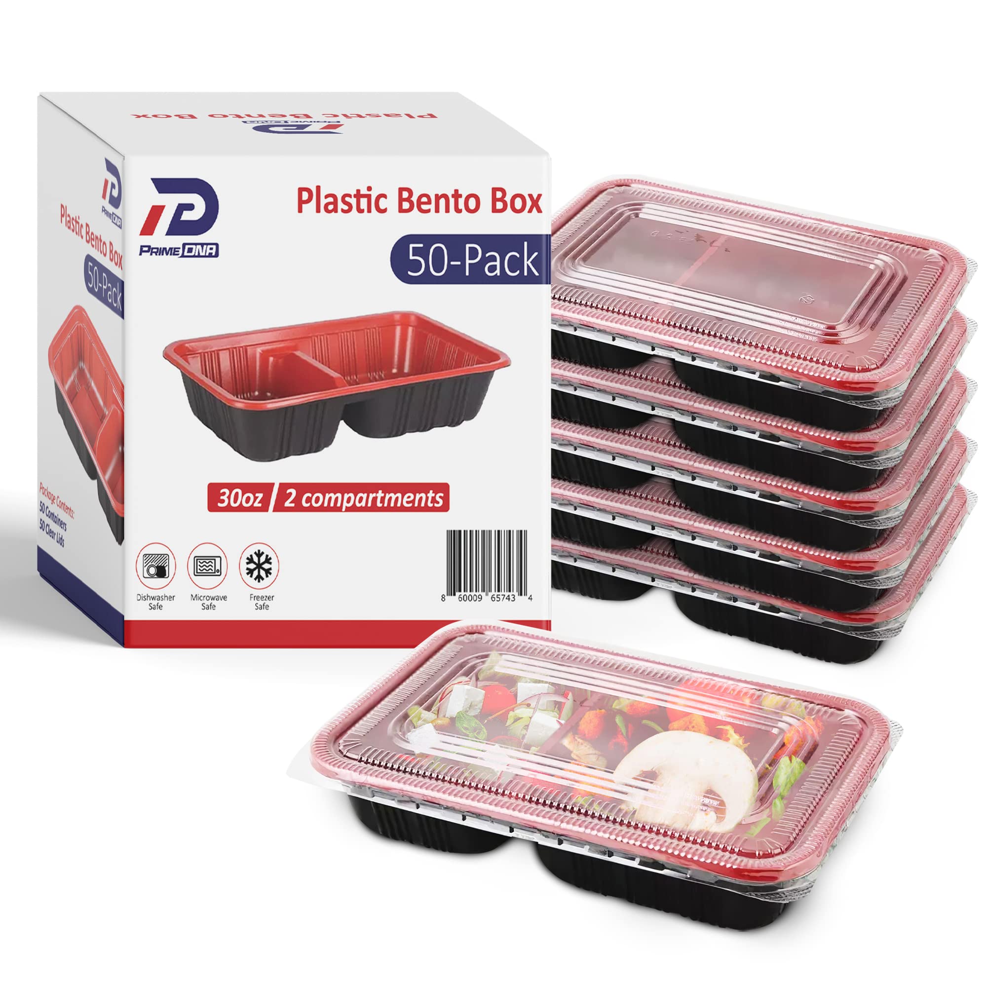 Prime DNA 50-Pack To Go Containers with Lids - 30oz 2-Compartments - Disposable Bento Boxes are Great for Leftovers and make Great Meal Prep Containers.