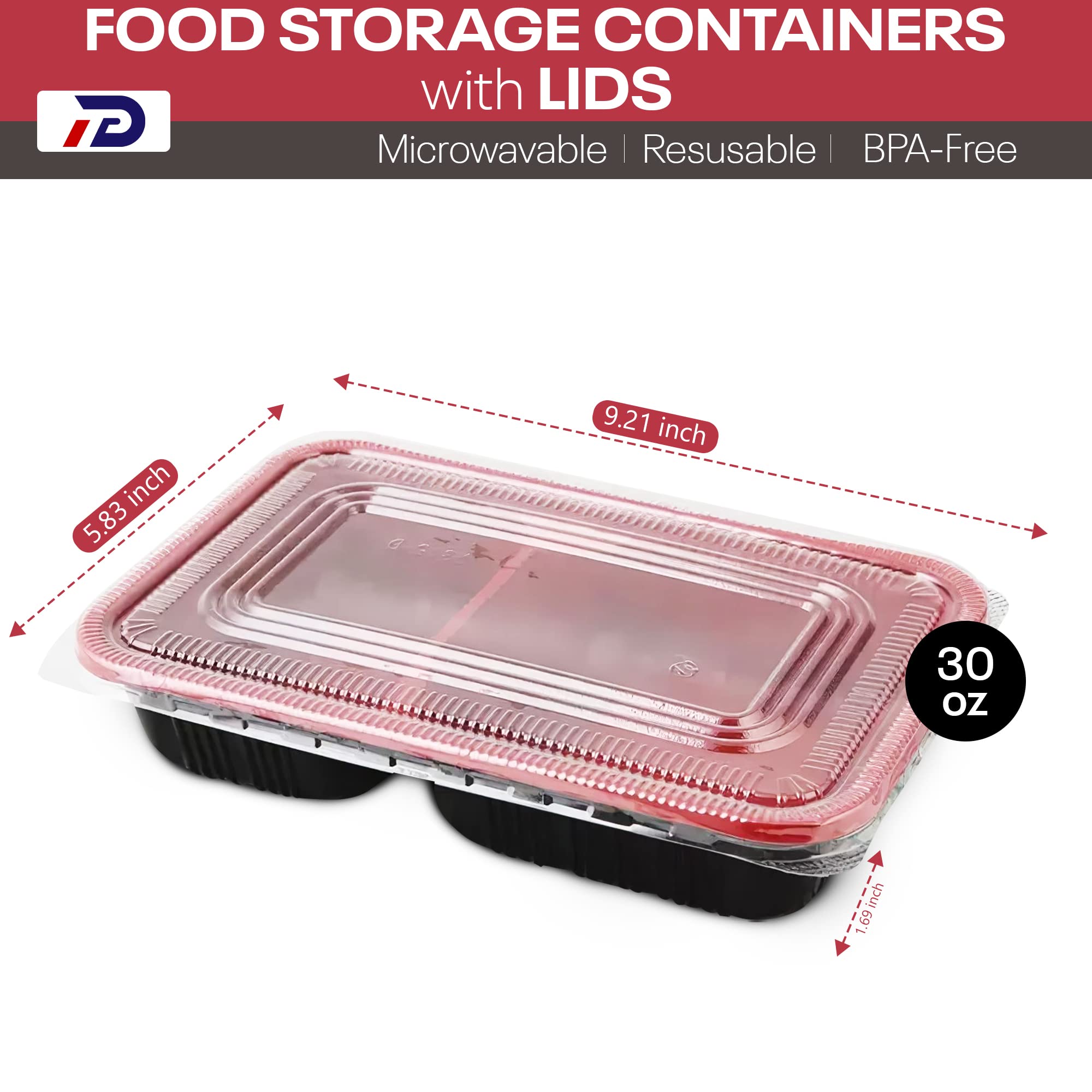 Prime DNA 50-Pack To Go Containers with Lids - 30oz 2-Compartments - Disposable Bento Boxes are Great for Leftovers and make Great Meal Prep Containers.