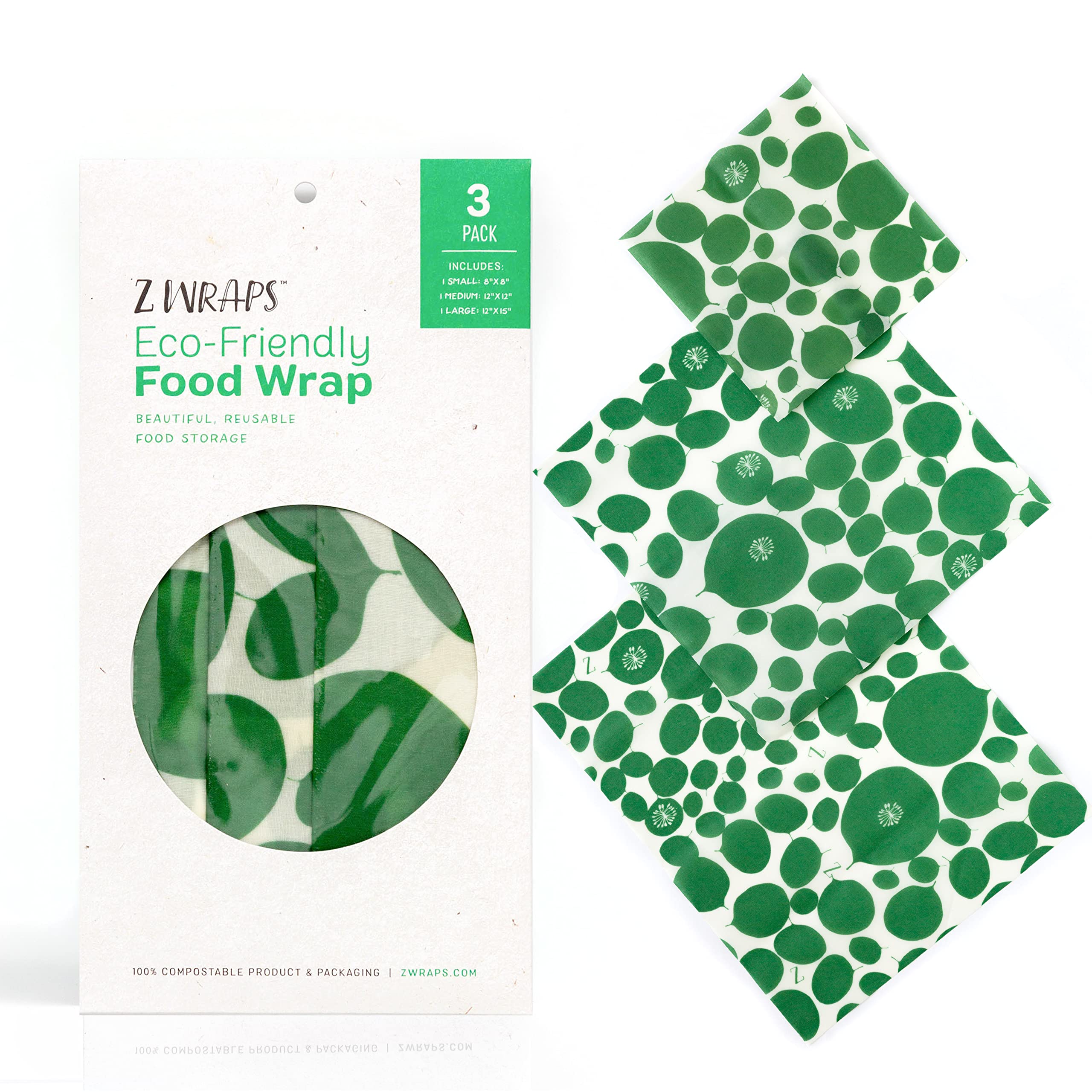 Z Wraps - Reusable Beeswax Food Wraps - Assorted 3-Pack (S, M, L) - Made in USA with 100-Precent Cotton, Organic Beeswax and Jojoba Oil - Leafy Greens