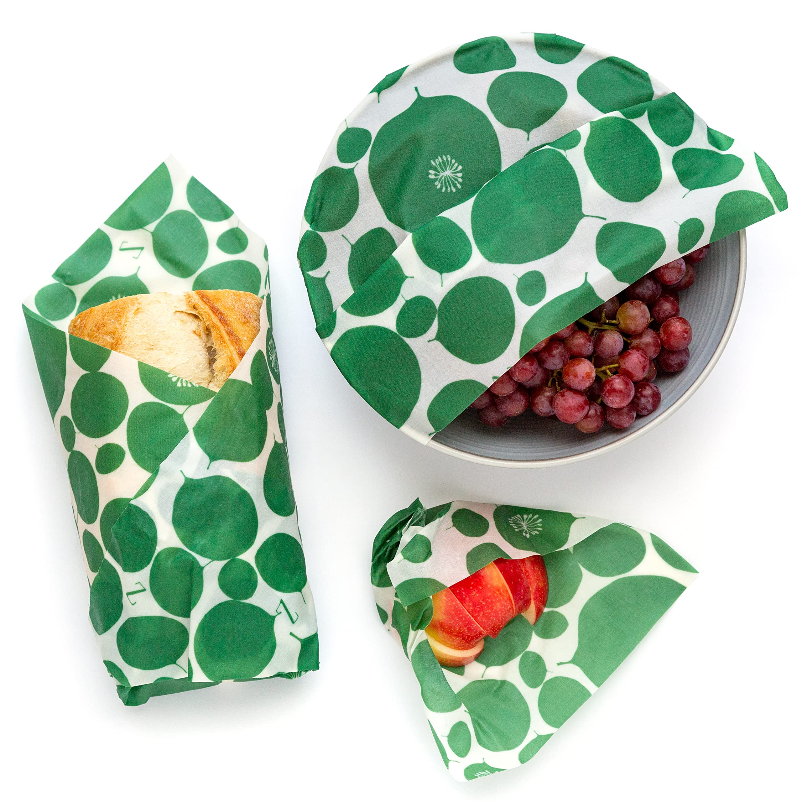 Z Wraps - Reusable Beeswax Food Wraps - Assorted 3-Pack (S, M, L) - Made in USA with 100-Precent Cotton, Organic Beeswax and Jojoba Oil - Leafy Greens