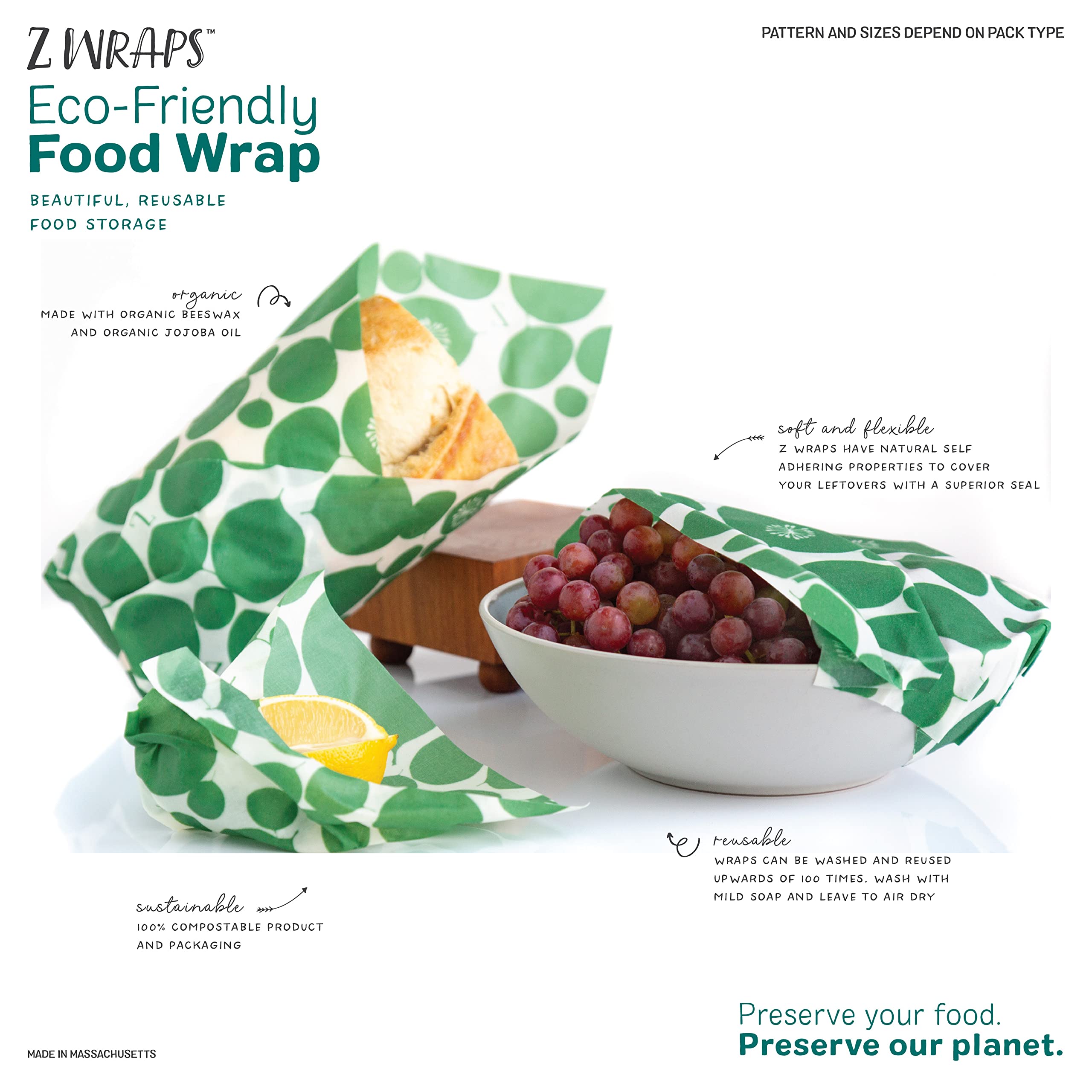 Z Wraps - Reusable Beeswax Food Wraps - Assorted 3-Pack (S, M, L) - Made in USA with 100-Precent Cotton, Organic Beeswax and Jojoba Oil - Leafy Greens