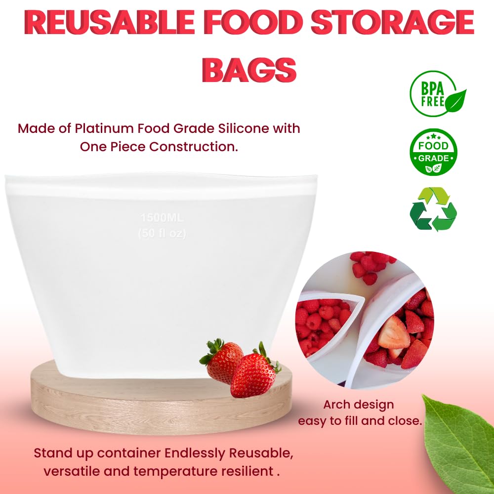 Silicone Bags Reusable Storage 2 Pcs Set -Reusable Sandwich Bags - Silicone Bags for Food Storage - Silicone Food Storage Bags - Reusable Freezer Bags - Snack Bag 1000ml (50 oz) & 1500ml (34 oz) Clear