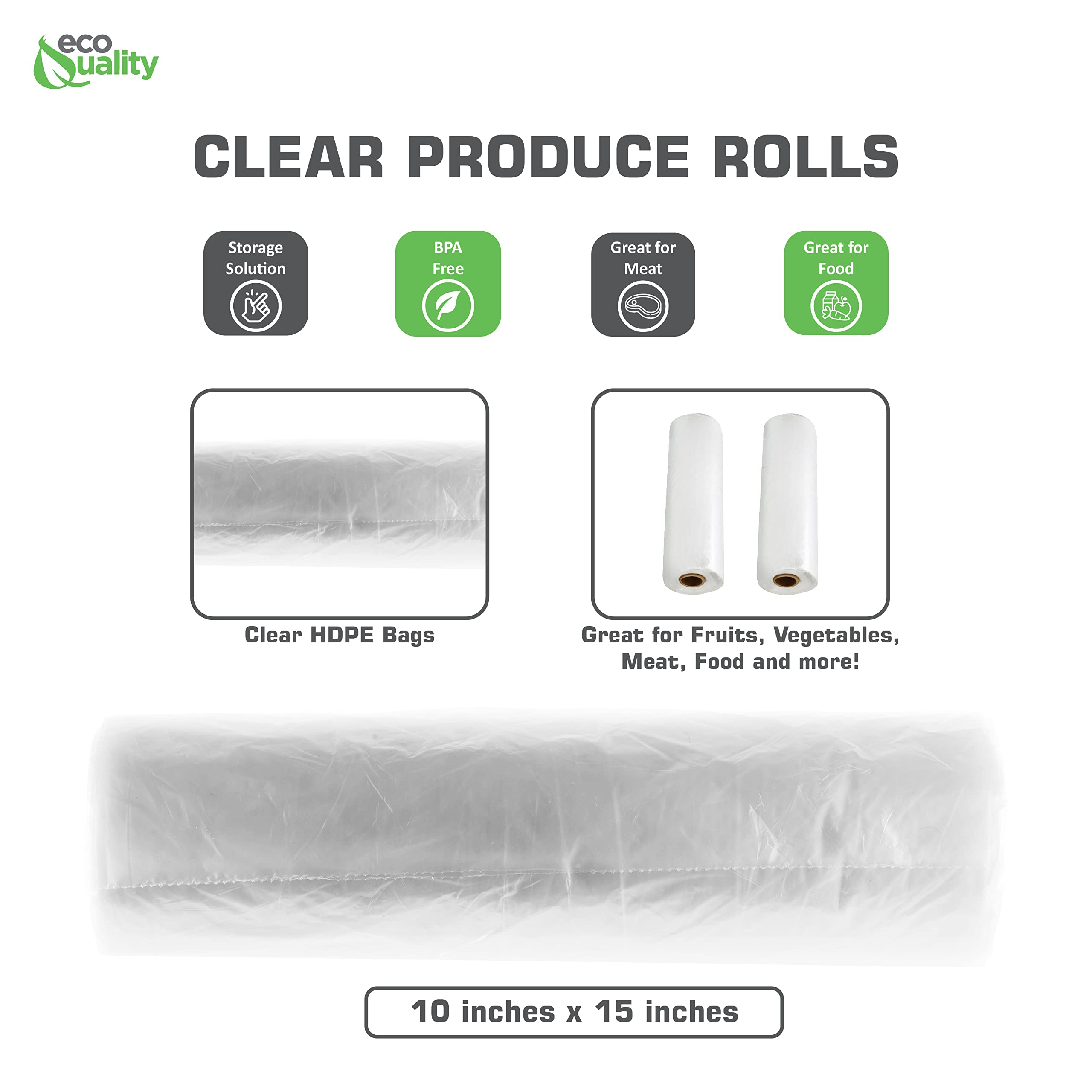 EcoQuality 10x15 Plastic Produce Bags on a Roll 500 Bags/Roll- Food Storage Roll Bags, Clear Plastic Bags for Vegetables, Food, Fruits, Bread, Pet Waste Bags, Grocery Bags, Supermarket Bags (1)