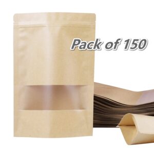 BAAGGNAA 150 Pack Ziplock Stand up Kraft Paper Bags Pouches with Front Matte Window for Food Storage Resealable Packaging Containers Household Reusable Organizer (11.8 * 15.7 Inch)