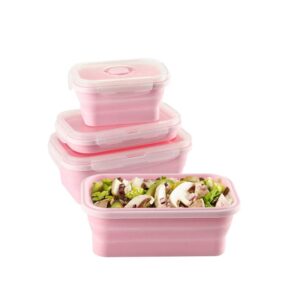 camping silicone food storage container, collapsible vegetable fruit container storage cabinet silicone food storage lunch box 3 set microwave safe container (pink)