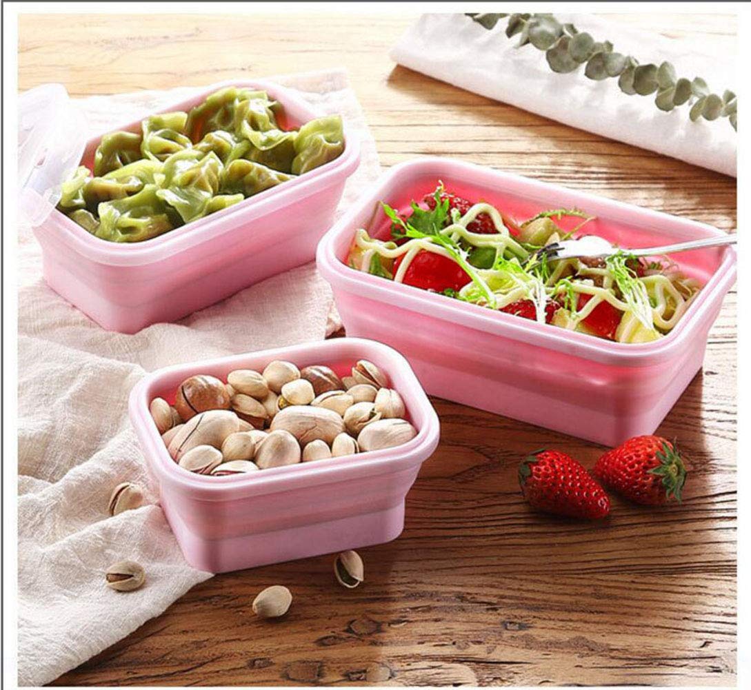 Camping Silicone Food Storage Container, Collapsible Vegetable Fruit Container Storage Cabinet Silicone Food Storage Lunch Box 3 Set Microwave Safe Container (Pink)