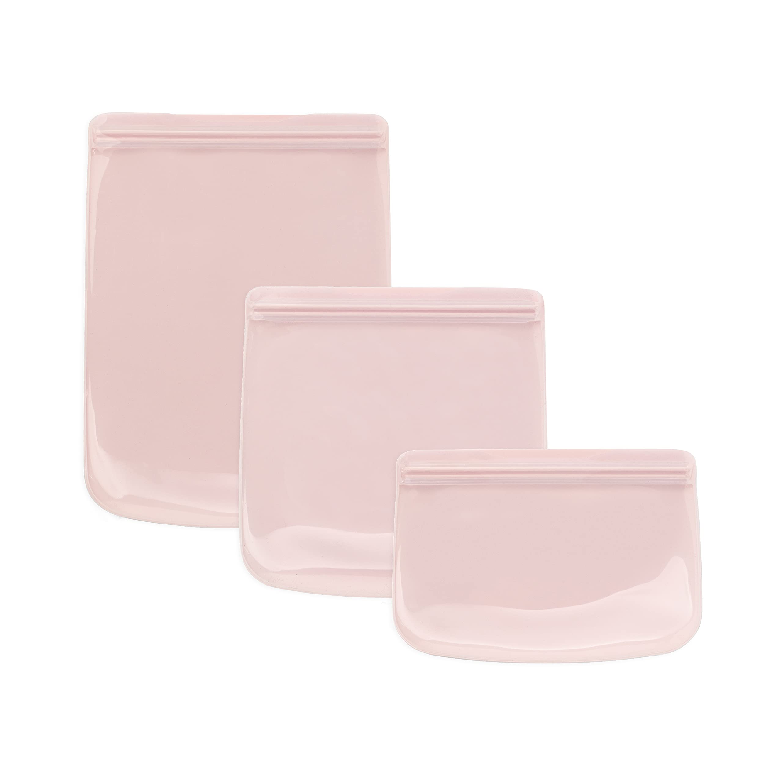 W&P Porter Silicone Reusable Storage Bags, Flat Variety 3 Pack (10oz, 34oz, 46oz), Blush, Food Storage Container, Microwave and Dishwasher Safe, Easy Cleaning