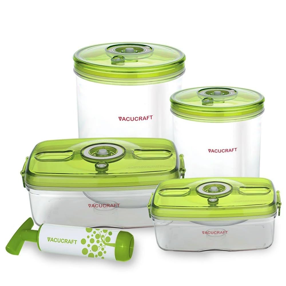 Vacucraft Plastic Food Storage Containers with Airtight Lids - Assorted - 5 Pack - Great for Vegatables, Fruits and Meats - Keeps Food Fresh Longer - Vacuum Seal Containers for Food