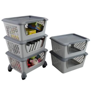 Cand 5-Pack Large Stackable Storage Bins, Stacking Baskets for Fruit, Vegeable, Toys (Grey)