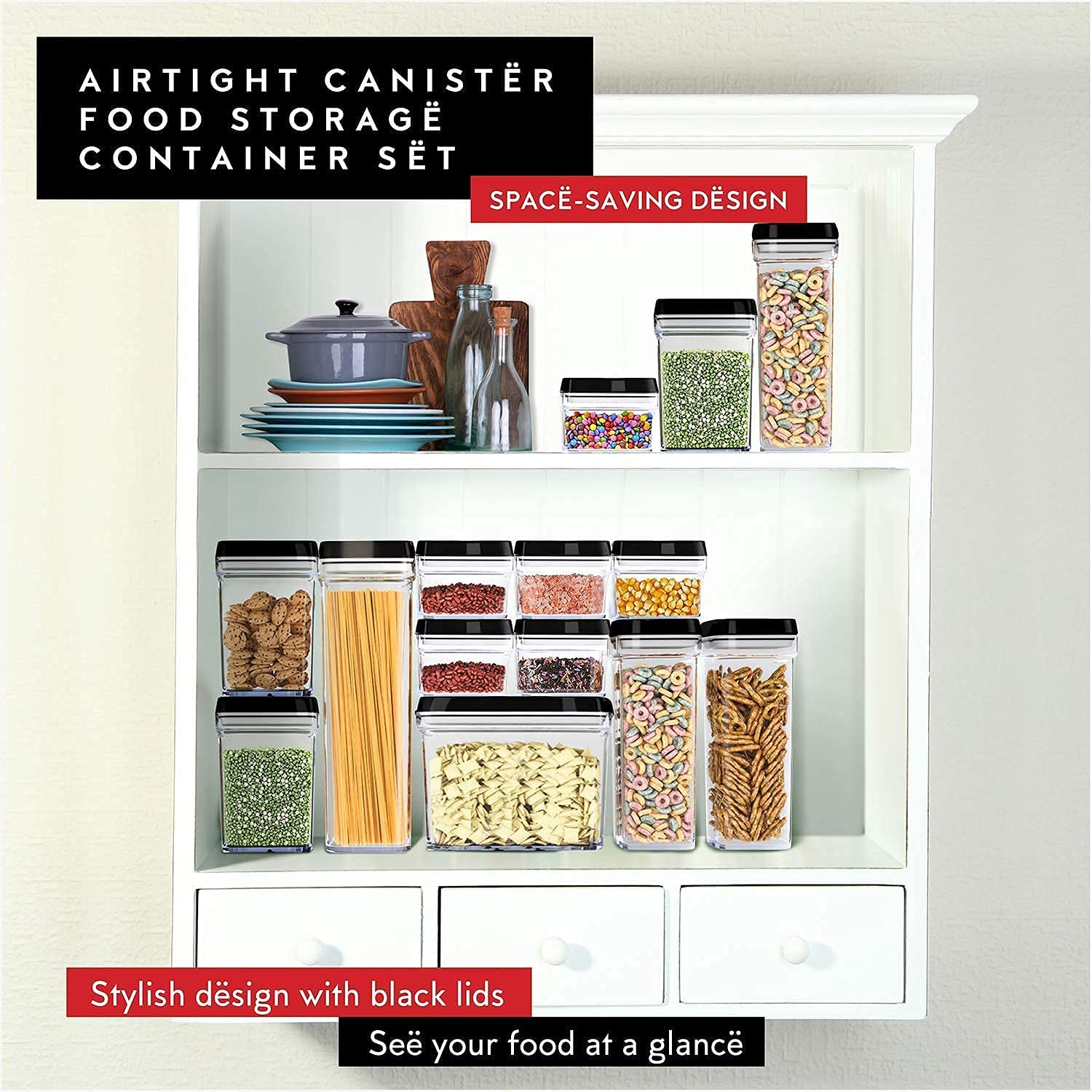 DWËLLZA KITCHEN Airtight Food Storage Containers Set - 7 PC Set - For Kitchen Pantry Organization and Storage - BPA-Free - Clear Plastic Canisters for Spaghetti, Noodles, Pasta, Snacks & Much More