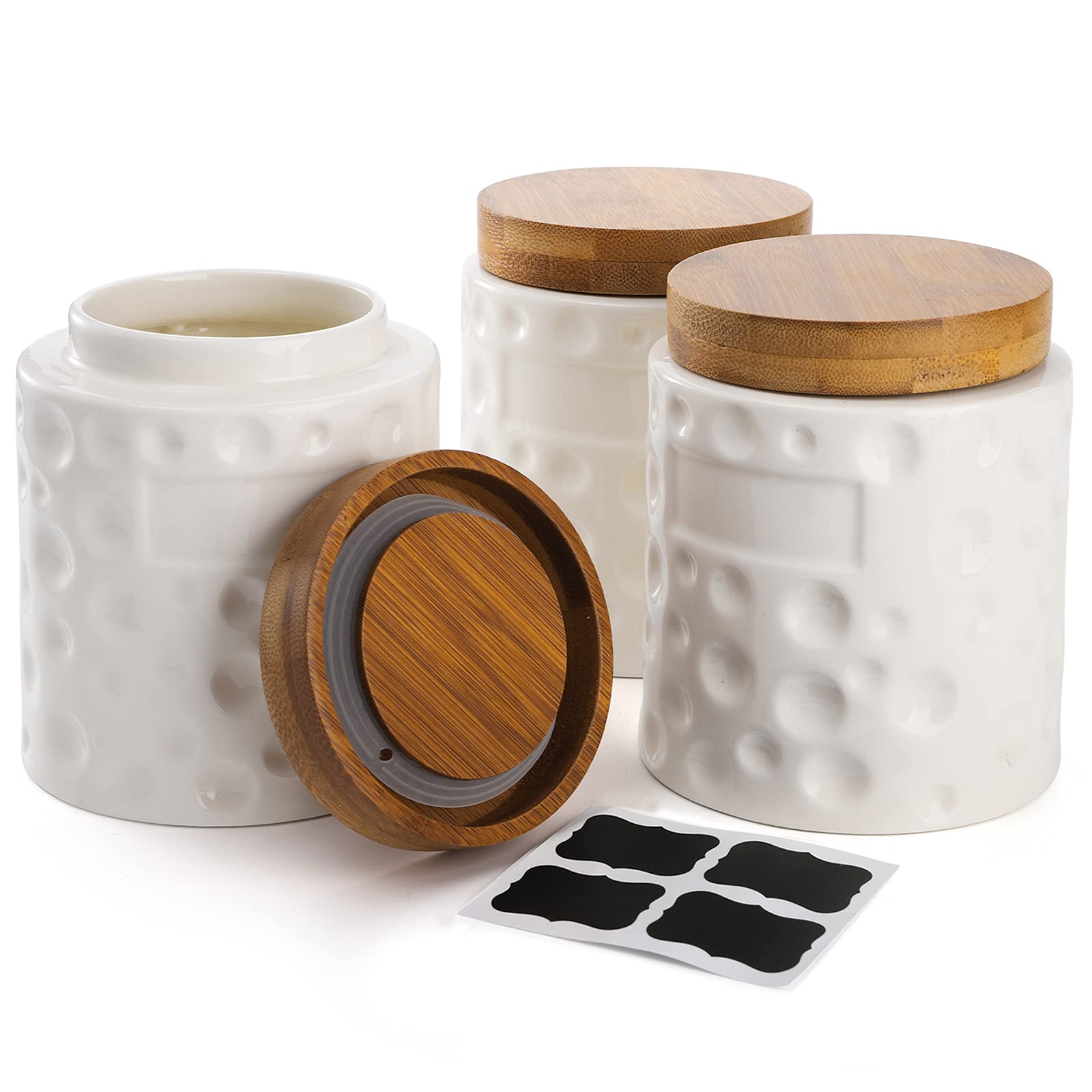 DEAYOU 3 Pack Porcelain Food Storage Jars, Ceramic Cookie Small Canister with Bamboo Wood Lid and Label, Coffee Tea Sugar Containers for Kitchen Counter, Serving Spice, Nuts, Salt, White, 20 OZ