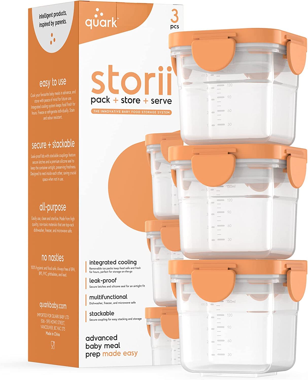 Storrii Baby Food Containers with Lids by Quark - Freezer Safe, Locking Tab Lids with Built in & Removable Ice Pack - Microwave & Top Rack Dishwasher Safe - 3 x 5oz Meal Prep Containers with Lids