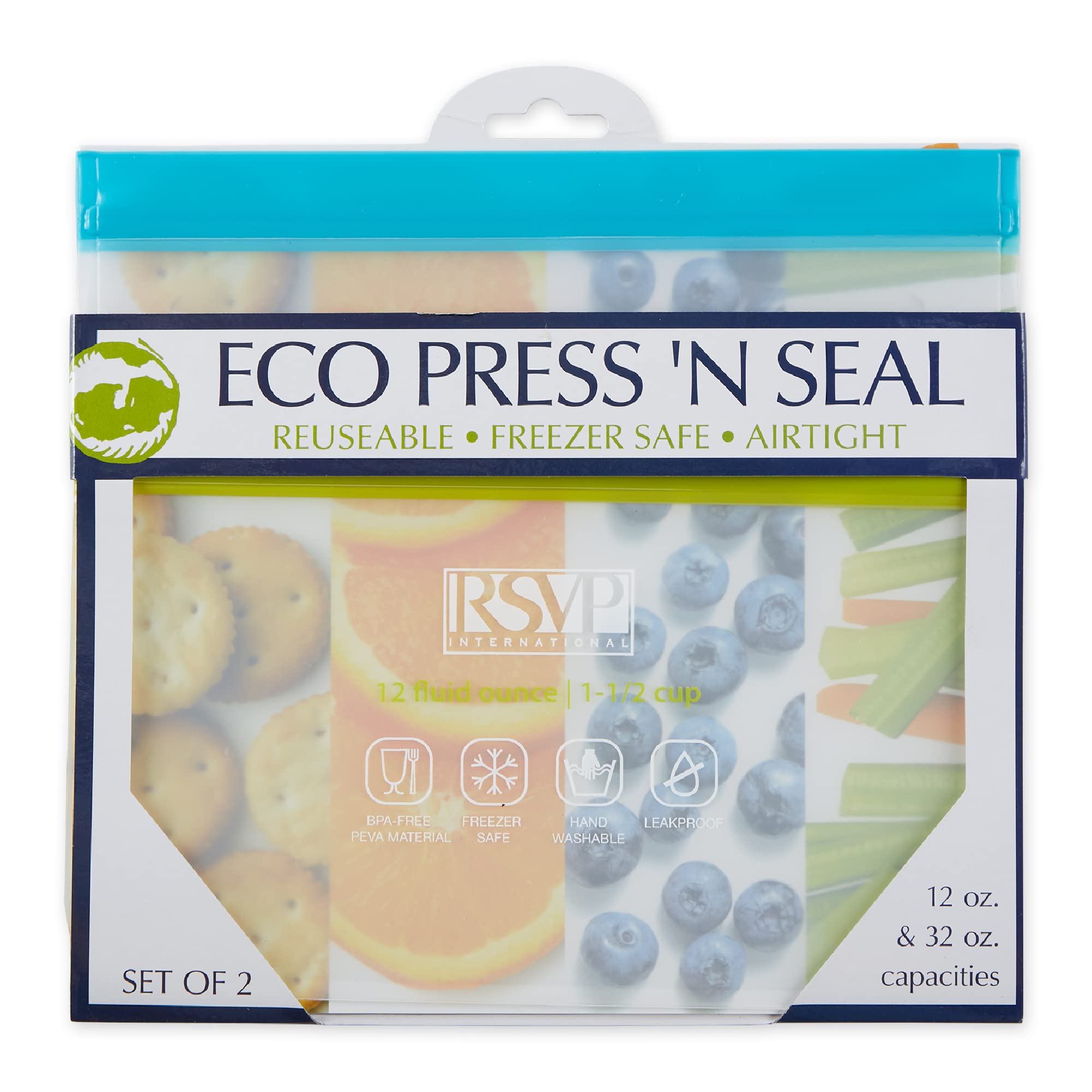 RSVP International Reusable Food Storage Collection ECO Seal Bags, Press-N-Seal, Blue/Green