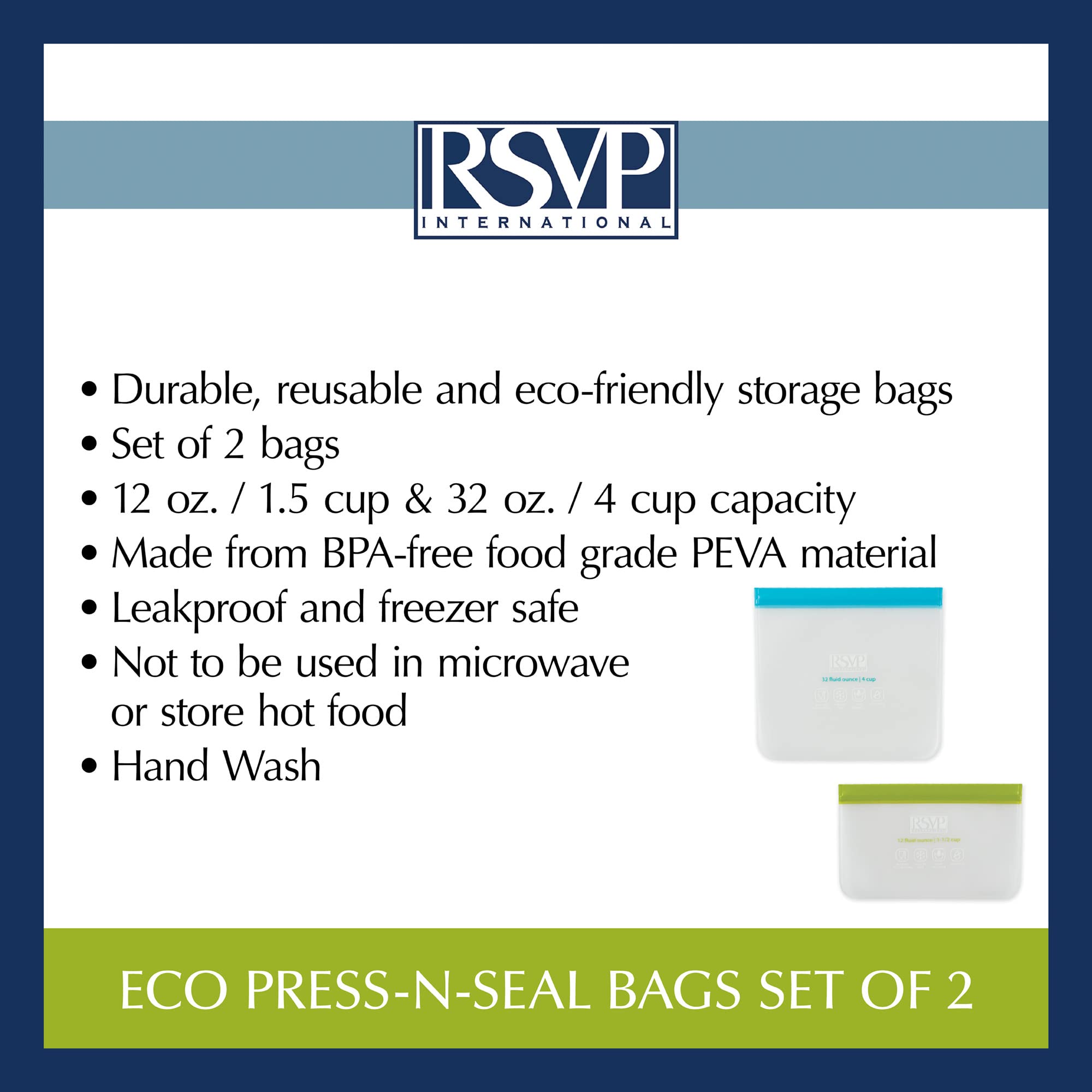 RSVP International Reusable Food Storage Collection ECO Seal Bags, Press-N-Seal, Blue/Green