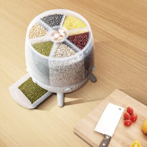 Gdrasuya10 6KG Rice Dispenser Container Dry Food Dispenser, Rotating Rice Storage Container Round Grain Storage Bucket 6 Grids