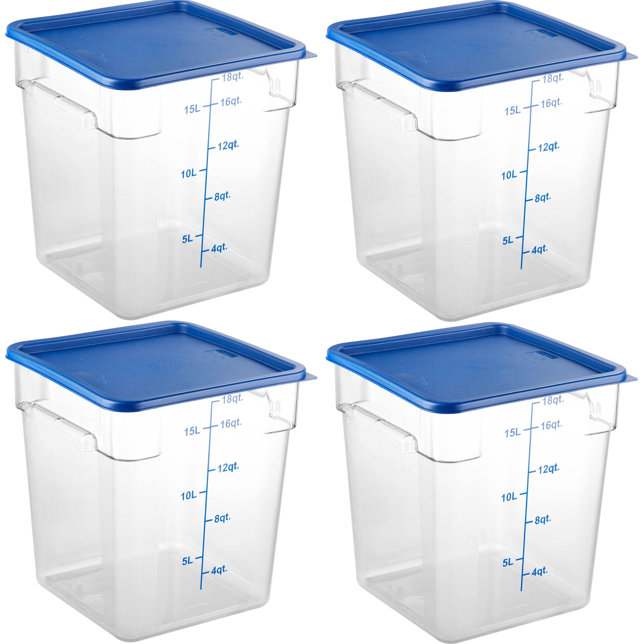 CURTA 4 Pack Food Storage Containers with Blue Lids - NSF Listed Commercial Grade in 18.0 Qt - Square, Clear, Polycarbonate