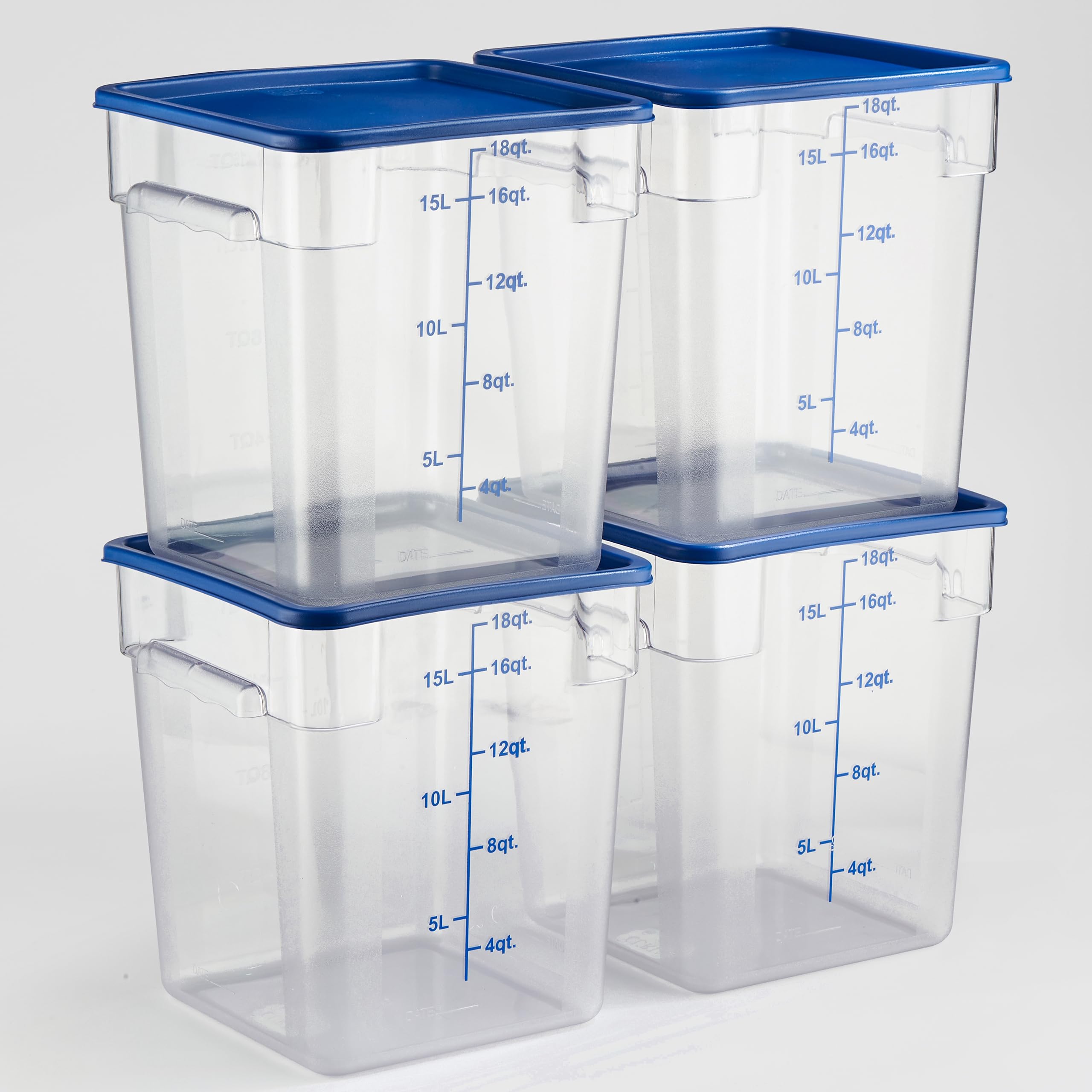 CURTA 4 Pack Food Storage Containers with Blue Lids - NSF Listed Commercial Grade in 18.0 Qt - Square, Clear, Polycarbonate