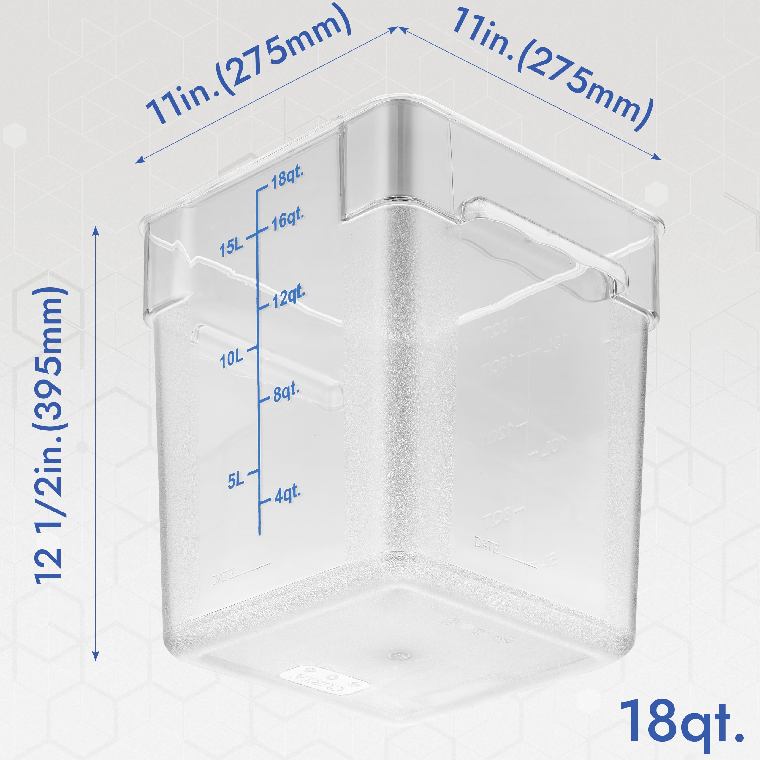 CURTA 4 Pack Food Storage Containers with Blue Lids - NSF Listed Commercial Grade in 18.0 Qt - Square, Clear, Polycarbonate