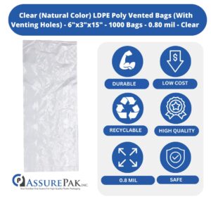 Produce LDPE Poly Vented Bags (With Venting Holes) - 6"x3"x15" - 1000 Bags - 0.80 mil - Clear