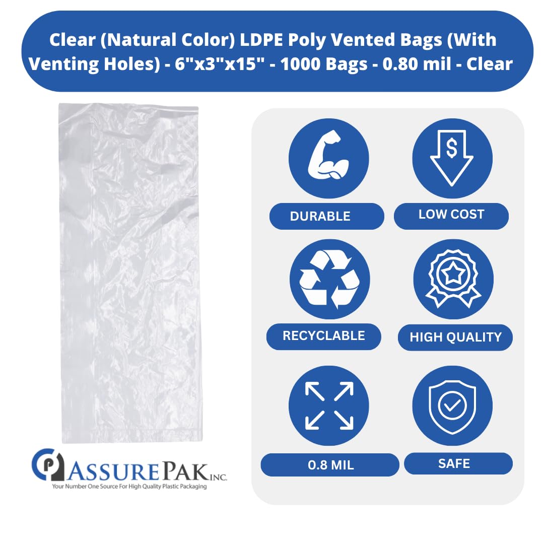 Produce LDPE Poly Vented Bags (With Venting Holes) - 6"x3"x15" - 1000 Bags - 0.80 mil - Clear