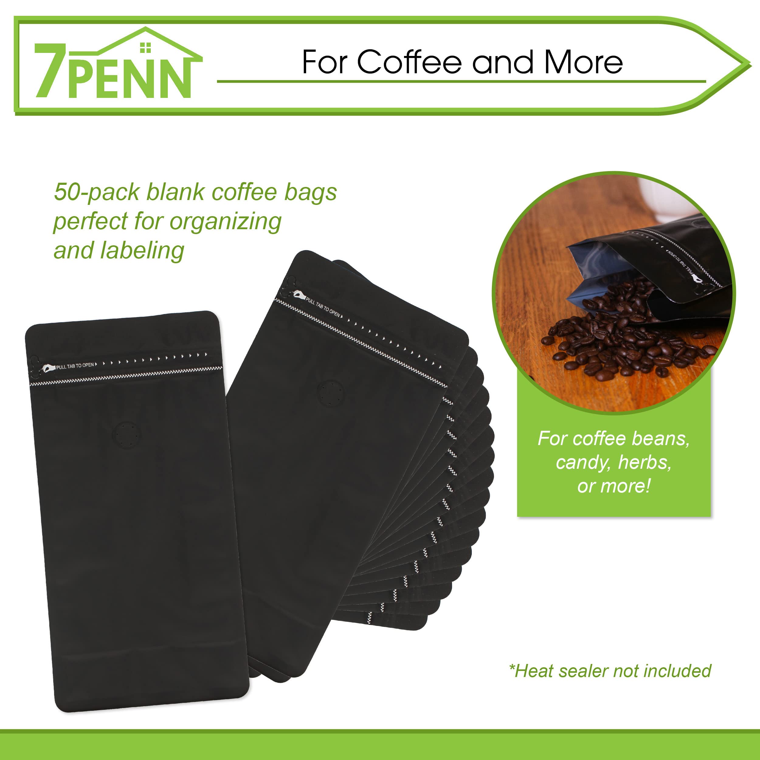 7Penn Resealable Coffee Bags - 16oz 50pk Black Packaging Zipper Pouch Coffee Bags with Valve for Coffee, Candy, or Herbs