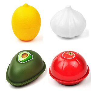 tiydiygo 4pcs fresh food savers avocado lemon tomatoes garlic shape crisper containers,vegetable fruits storage keeper sealing box bowls for refrigerators