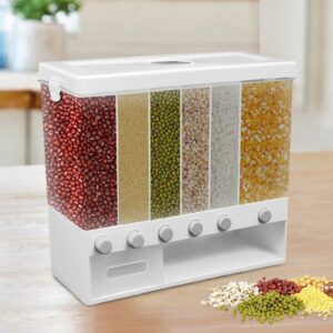 LUGBING Dry Food Dispenser, One-Click Rice Output Food Containers, Wall mounted 6 Grid Cereal Dispenser, Rice Dispenser Kitchen Storage for Rice, Beans, Grains