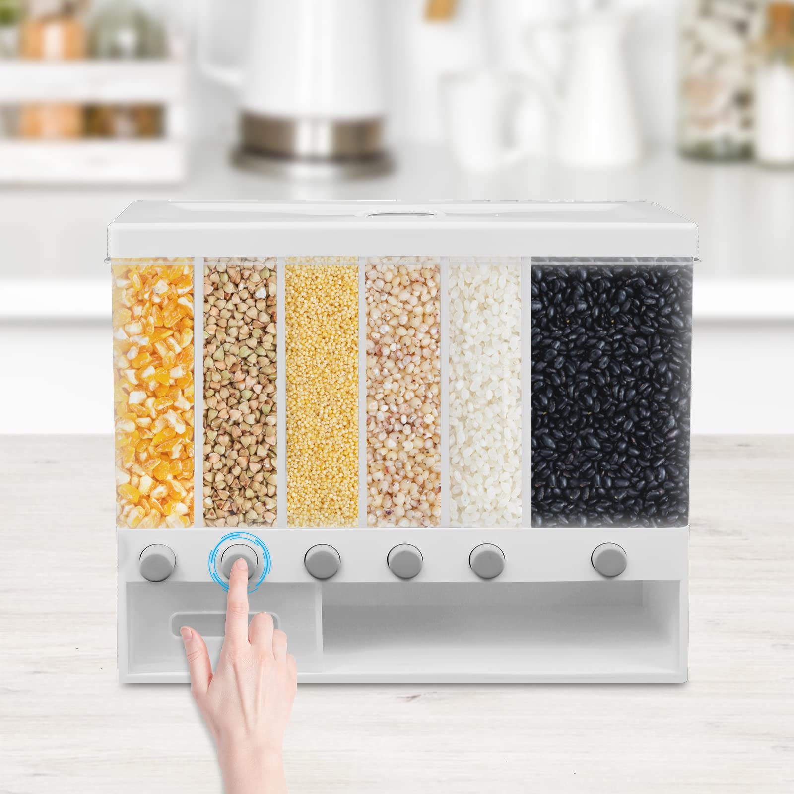 LUGBING Dry Food Dispenser, One-Click Rice Output Food Containers, Wall mounted 6 Grid Cereal Dispenser, Rice Dispenser Kitchen Storage for Rice, Beans, Grains