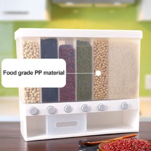 LUGBING Dry Food Dispenser, One-Click Rice Output Food Containers, Wall mounted 6 Grid Cereal Dispenser, Rice Dispenser Kitchen Storage for Rice, Beans, Grains