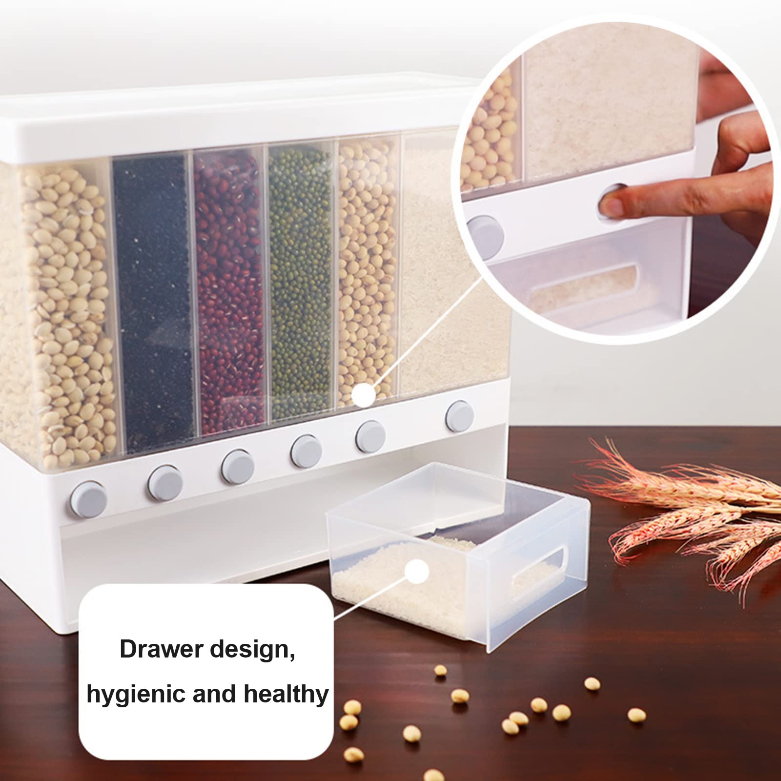 LUGBING Dry Food Dispenser, One-Click Rice Output Food Containers, Wall mounted 6 Grid Cereal Dispenser, Rice Dispenser Kitchen Storage for Rice, Beans, Grains