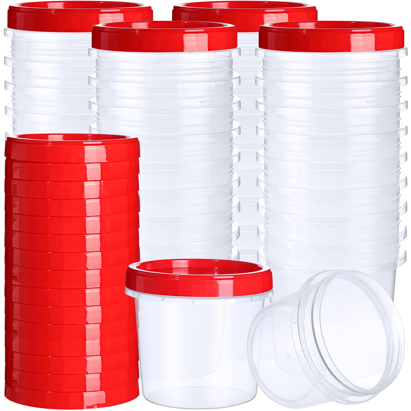 meekoo 48 Pcs Reusable Plastic Freezer Containers 24 oz Twist Top Food Soup Storage Leakproof Dishwasher Safe Containers Stackable Screw Top Containers for Kitchen House (Red)