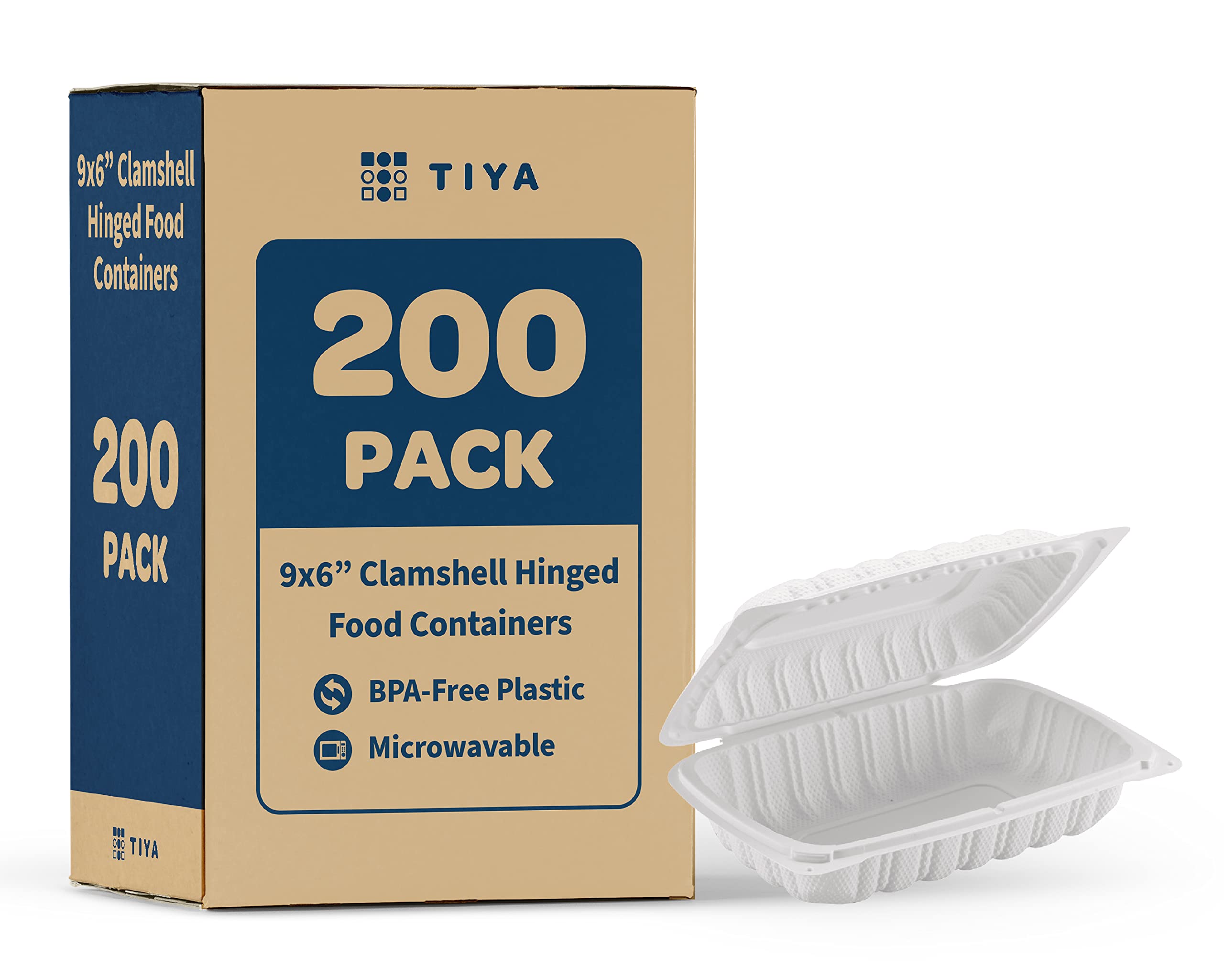 TIYA Clamshell Food Containers - White Bulk 200 Pack, 9x6in. - BPA Free Plastic To-Go Storage Containers - Microwavable Hinged Restaurant Takeout Tall Clamshells - Great for Meal Prep