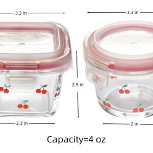 2 Pack 4 OZ Mini Glass Food Storage Containers with Lids,Square Round Cherry Food Jars Small Glass Container for Food Portion,Sauce,Snack,Yogurt,Airtight,Freezer Microwave Safe(red)