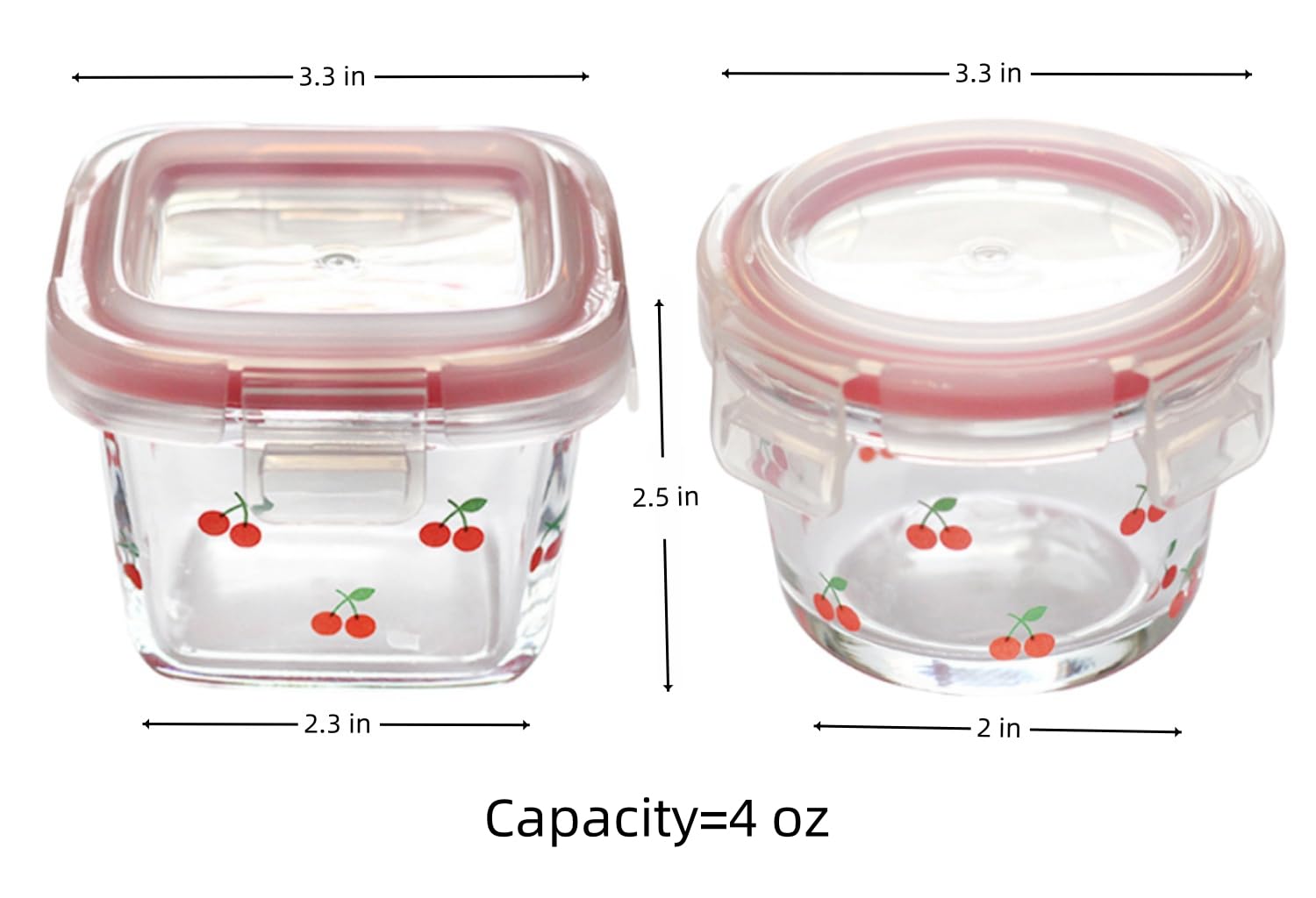 2 Pack 4 OZ Mini Glass Food Storage Containers with Lids,Square Round Cherry Food Jars Small Glass Container for Food Portion,Sauce,Snack,Yogurt,Airtight,Freezer Microwave Safe(red)